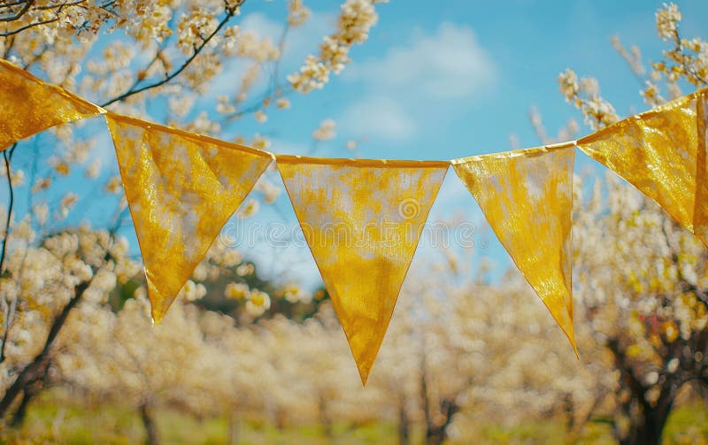 Bright Yellow Flags Flutter from a Tree in a Vibrant Field, Signaling a ...
