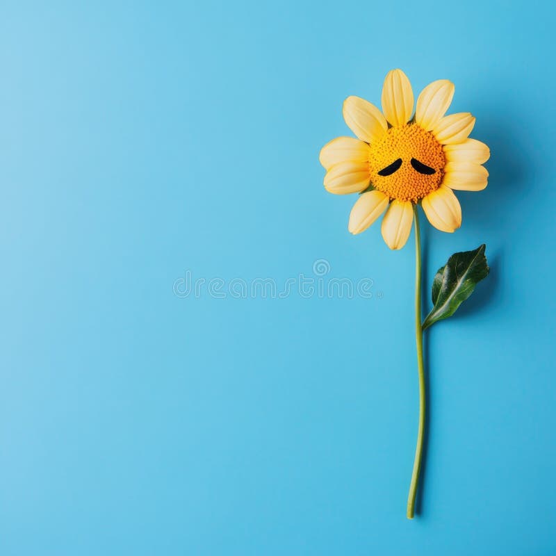 A Bright Yellow Flower with a Smiley Face Design on a Blue Background ...