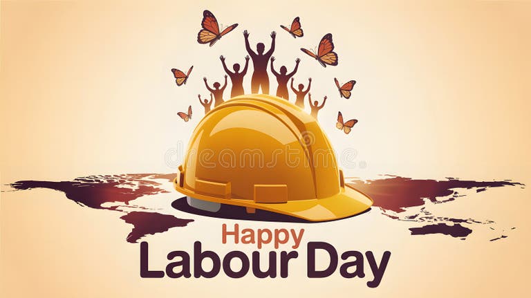 Yellow Hard Hat with Celebratory Figures and Butterflies on World Map ...