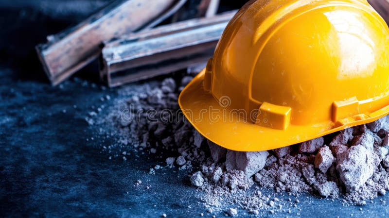 A Bright Yellow Hard Hat Rests Atop a Chaotic Pile of Rubble, Symbolizing Construction, Safety ...