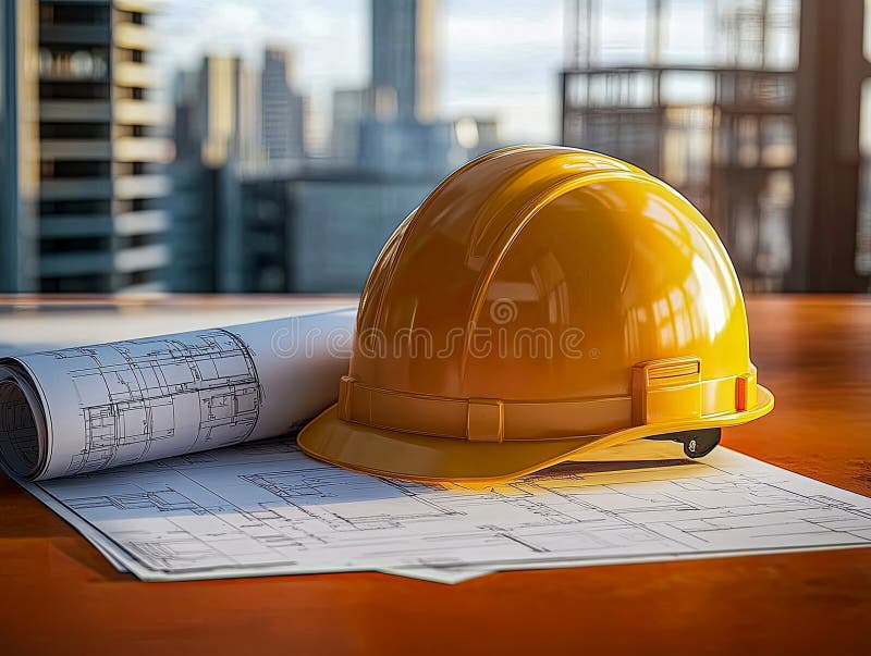 Yellow Hard Hat on Construction Desk with Plans Stock Illustration ...
