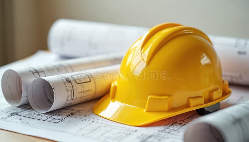 Bright Yellow Hard Hat on Rolled Blueprints. Concept of Construction ...