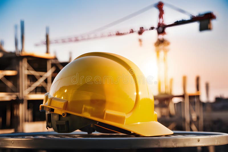 Bright Yellow Hard Hat on Table with Construction Site Backdrop Under ...