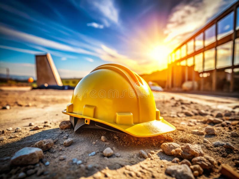 Bright Yellow Hard Hat Under Intense Sunlight at Construction Site ...