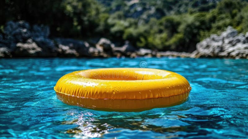 Bright Yellow Inflatable Ring Floating in Clear Blue Water Stock Image ...