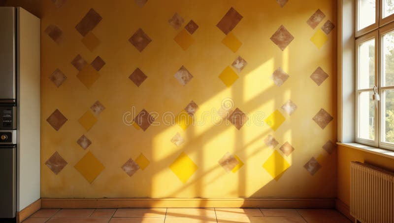 Bright Yellow Interior Wall with Geometric Patterns Stock Illustration ...