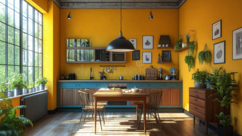 Bright Yellow Kitchen Interior Design with Sunlight Stock Illustration ...
