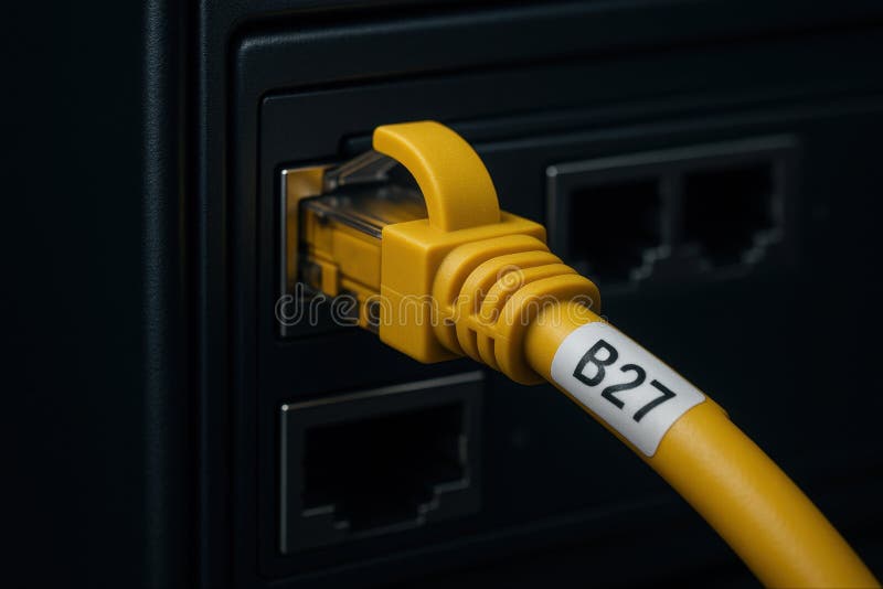 Bright Yellow Lan Cable with B27 Label Plugged into Network Port for ...