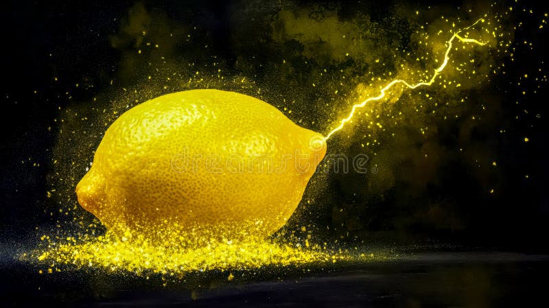 Bright Yellow Lemon with Lightning Bolts Sparking on Dark Background ...