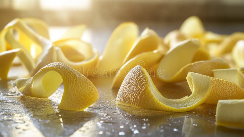 Bright Yellow Lemon Peels on Reflective Surface Stock Illustration ...