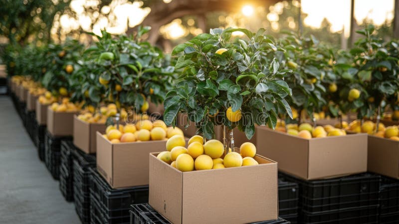 Bright Yellow Lemons on Small Citrus Trees in Cardboard Boxes at Sunset ...