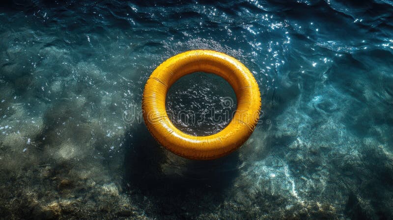 Bright Yellow Lifebuoy Floating on Clear Blue Ocean Surface Stock Photo ...