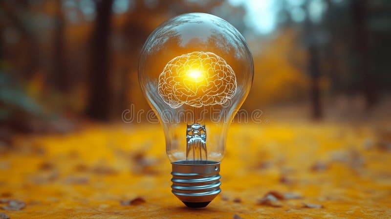 Bright Yellow Light Bulb with Brain-shaped Filament, Representing ...
