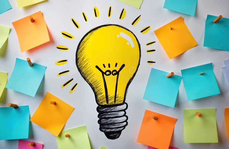 Bright Yellow Light Bulb Drawing Surrounded by Colorful Sticky Notes ...