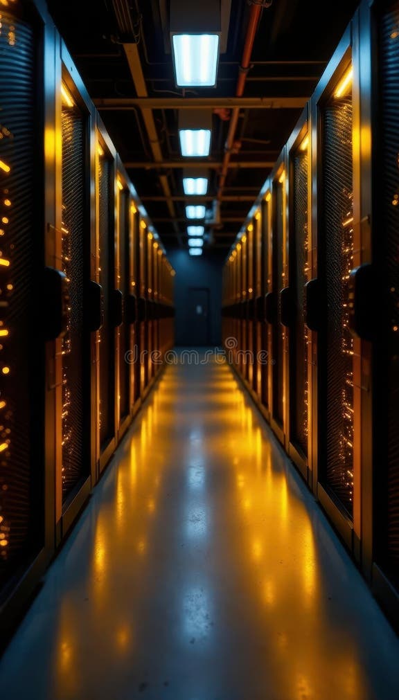 Bright Yellow Lighting Illuminates Server Equipment, Information ...