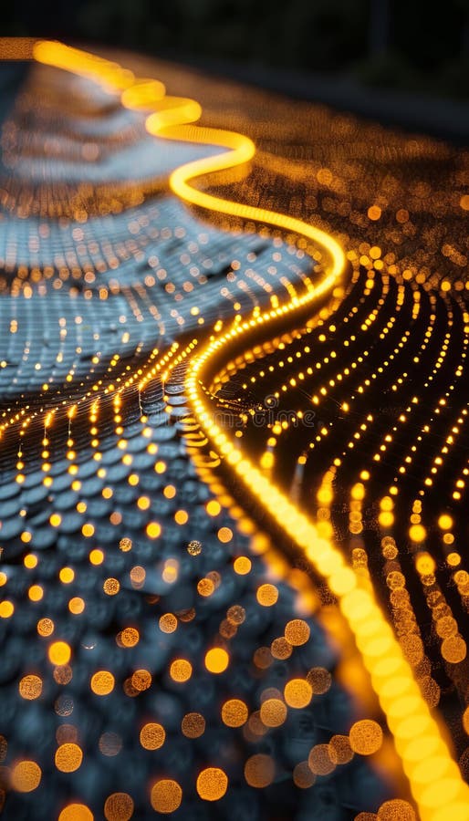 A Winding Path of Glowing Lights at Night Along a City Sidewalk Stock ...