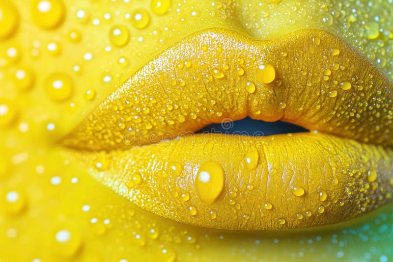 Bright Yellow Lips Adorned with Water Droplets Create a Striking Visual ...