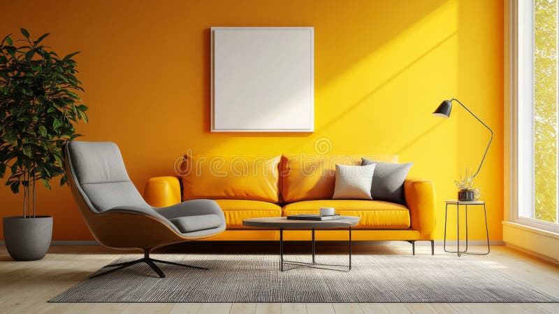 Bright Yellow Living Room Interior Design with Modern Sofa Stock ...