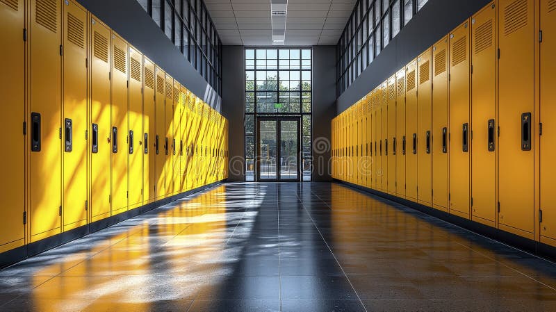 Bright Yellow Lockers in Modern Hallway Stock Illustration ...