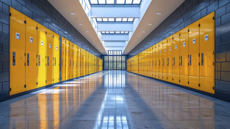 Bright Yellow Lockers in Modern School Hallway Stock Illustration ...