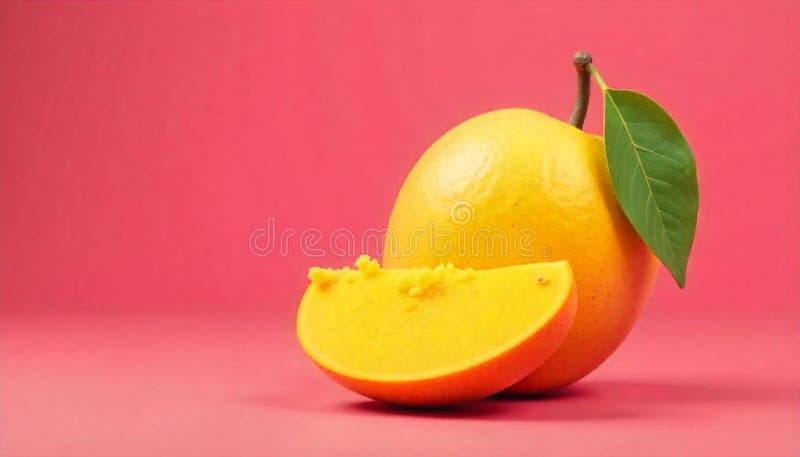 Bright Yellow Mango with Slice on Pink Background Studio Stock ...