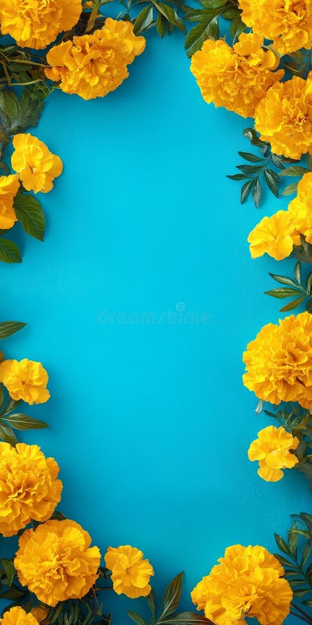 Bright Yellow Marigold Flower Frame on Vivid Blue Background with Copy ...