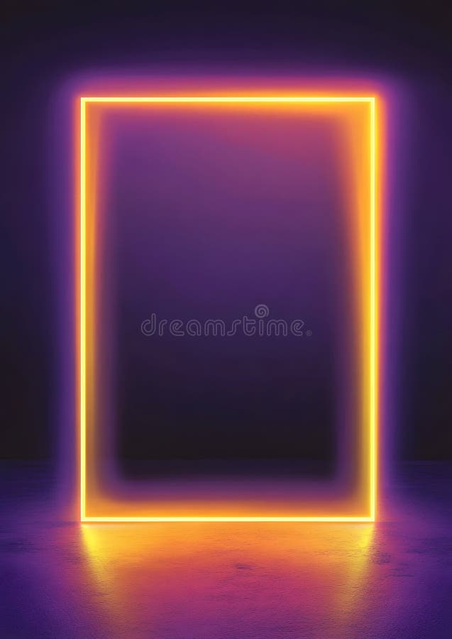 A Bright Yellow Neon Rectangle Shape Glowing in the Dark on a Purple ...
