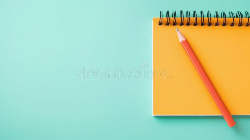 Bright Yellow Notepad with Blank Pages and Red Pencil on a Soft Mint ...