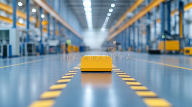 A Bright Yellow Object Sits on Marked Path in Spacious Industrial ...