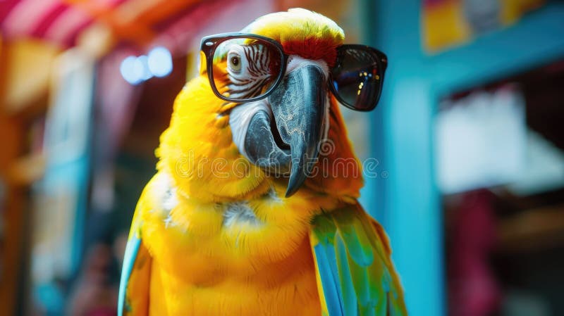 A Bright Yellow Parrot Wearing Glasses Perched on a Branch or in a Cage ...