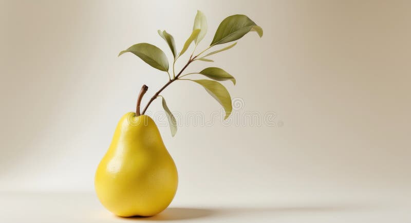 Bright Yellow Pear with Long Stem and Leaves on Soft Background for ...