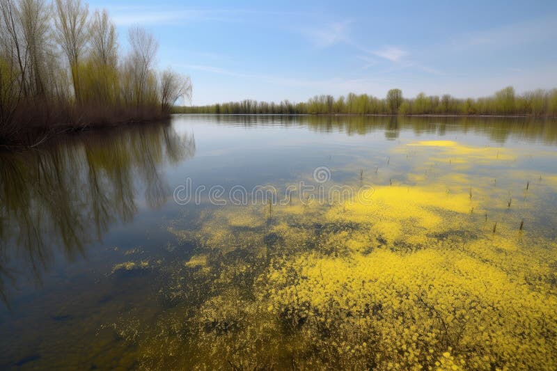Bright Yellow Pollen Dusting the Surface of a Still Lake Stock Image ...