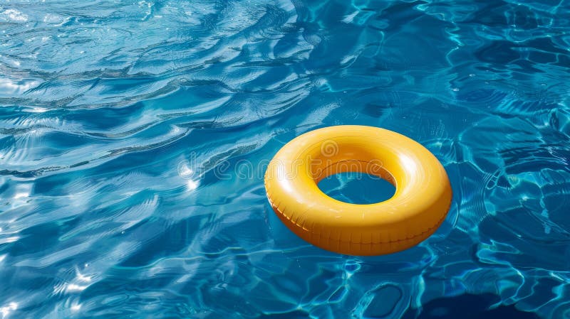 A Bright Yellow Pool Ring Drifting on the Surface of a Clear Blue Pool ...
