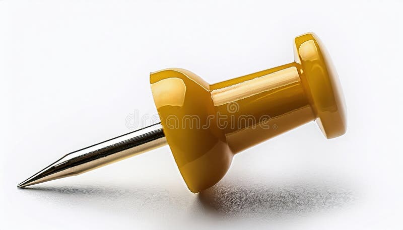 Bright Yellow Push Pin Resting on a Clean White Surface with a Metallic ...