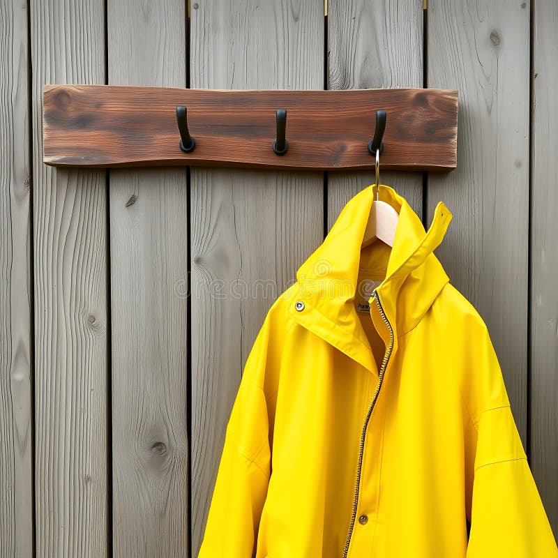 A Bright Yellow Raincoat Hanging on a Rustic Coat Rack Stock ...