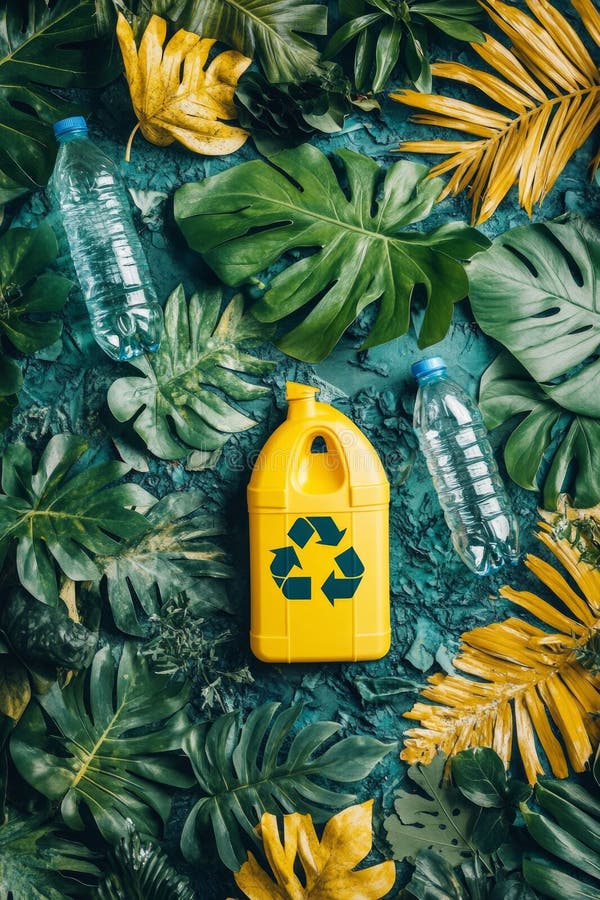 Bright Yellow Recycling Container Sits among Green and Yellow Tropical ...