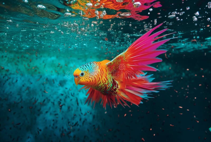 Bright Yellow Red Tropical Budgie Underwater. Generative AI Stock ...
