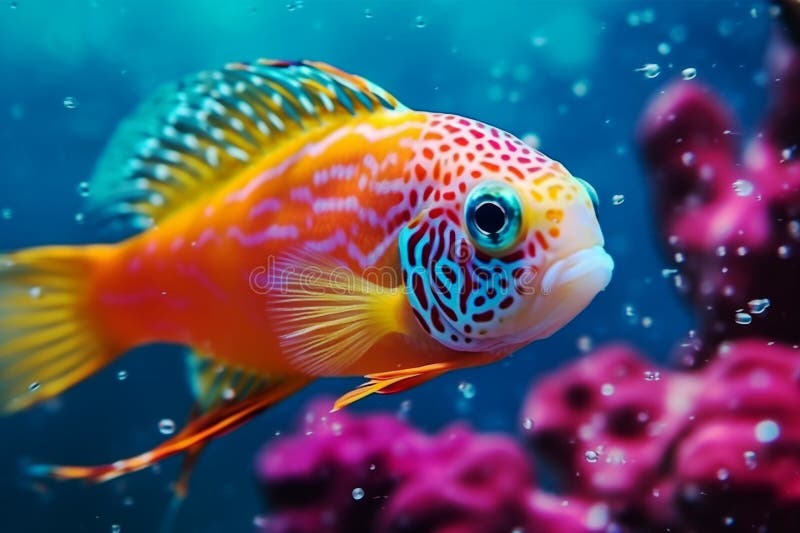 Bright Yellow Red Tropical Fish on Blue Water Backdrop. Generative AI ...