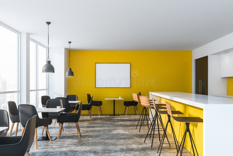 Bright Yellow Restaurant Interior with Poster Stock Illustration ...
