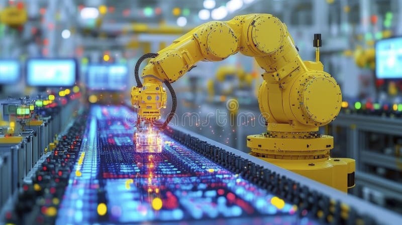 Bright Yellow Robotic Arm Operates Electronics Precisely Stock ...