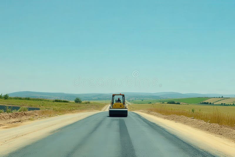 Bright Yellow Roller Skillfully Rolling Asphalt Road Surface Stock ...