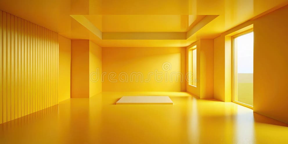 Bright Yellow Room Interior Design with Platform and Window. Generative ...