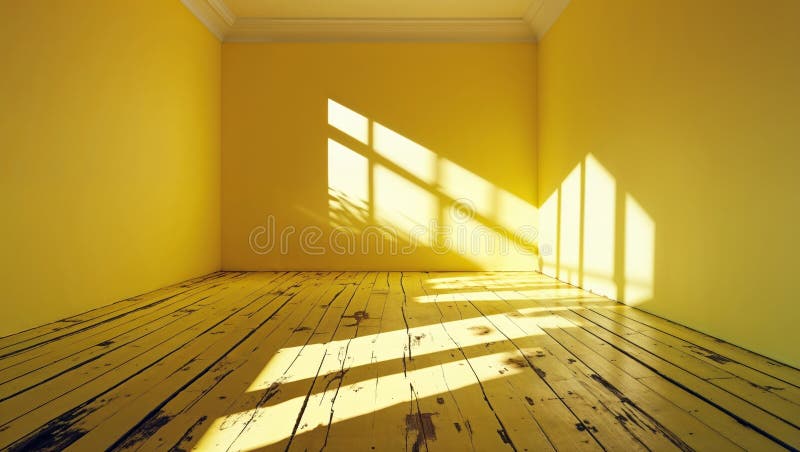 Bright Yellow Room with Sunlight and Shadows on Wooden Floor Stock ...
