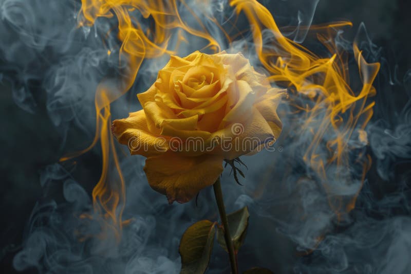 A Bright Yellow Rose with Smoke Emerging from Its Center, Perfect for ...