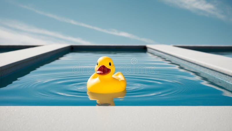 Bright Yellow Rubber Duck Floating on Clear Blue Water in Pool. Stock ...