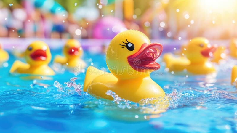 Bright Yellow Rubber Ducks Floating in a Sparkling Pool on a Sunny Day ...