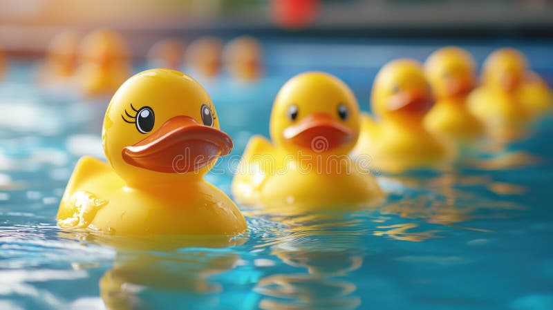 Bright Yellow Rubber Ducks Floating in a Sunlit Pool with Bokeh Effect ...