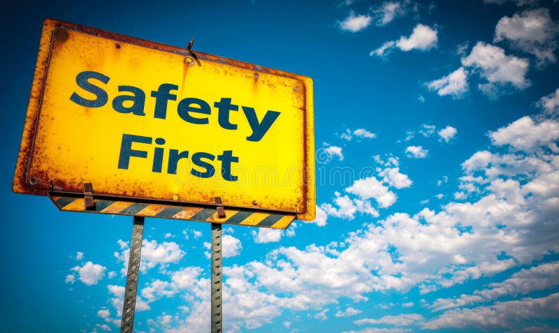 Bright Yellow Safety First Sign Against a Vibrant Blue Sky with Fluffy ...