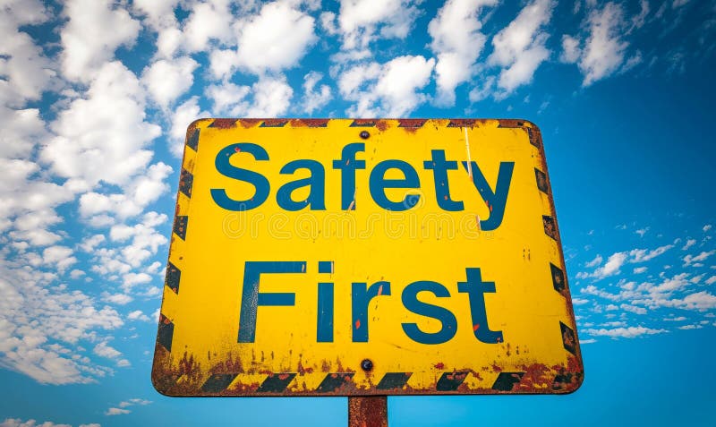 Bright Yellow Safety First Sign Against a Vibrant Blue Sky with Fluffy ...