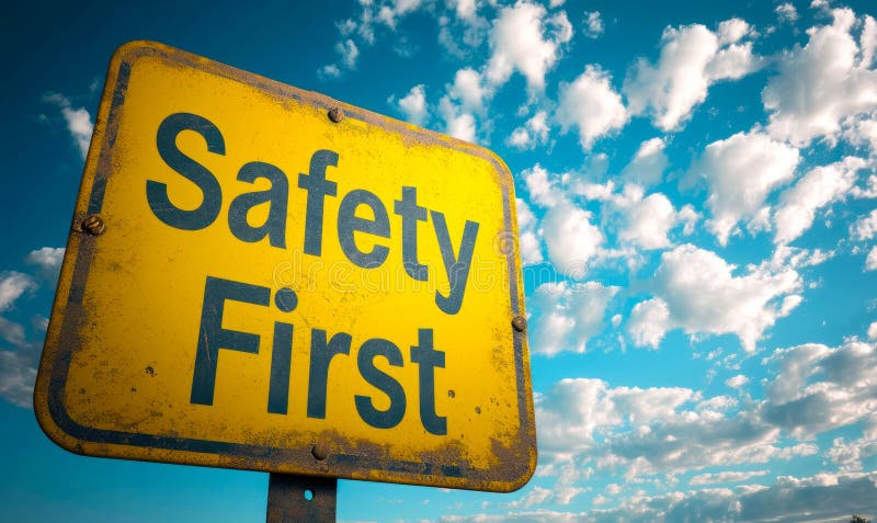 Bright Yellow Safety First Sign Against a Vibrant Blue Sky with Fluffy ...